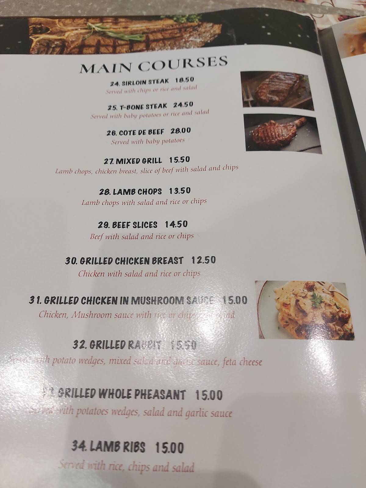 Menu at Tirana restaurant, Ilford