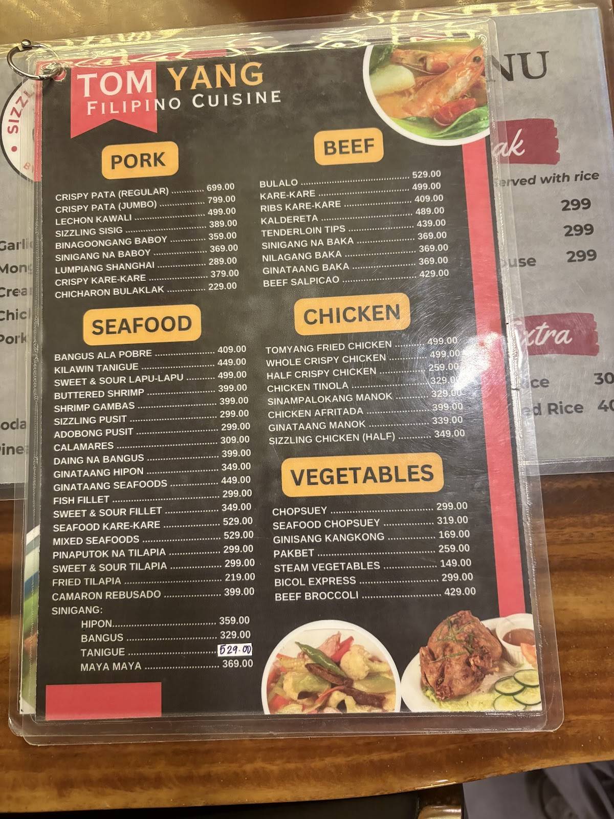 Carta del restaurante Tom Yang Filipino Cuisine, Padre Garcia
