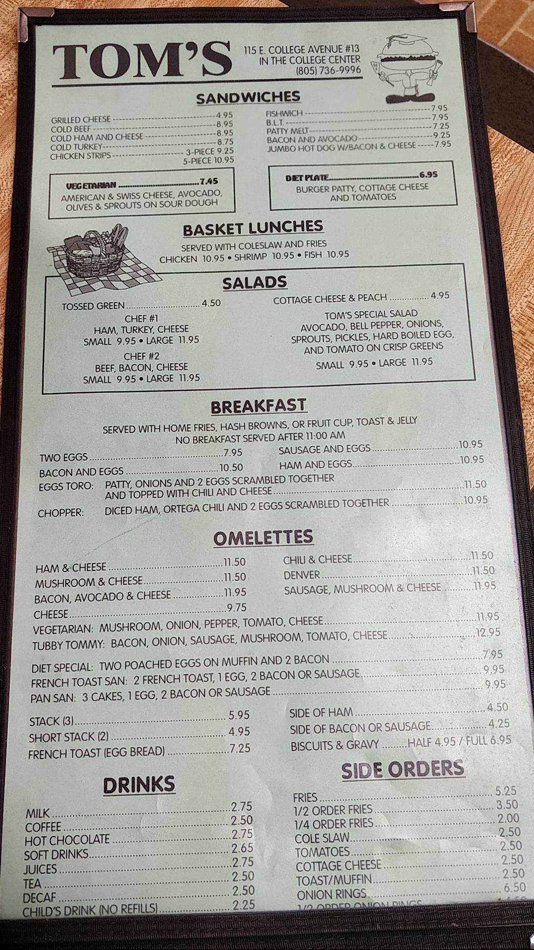 Menu at Tom's restaurant, Lompoc, 115 E College Ave #13