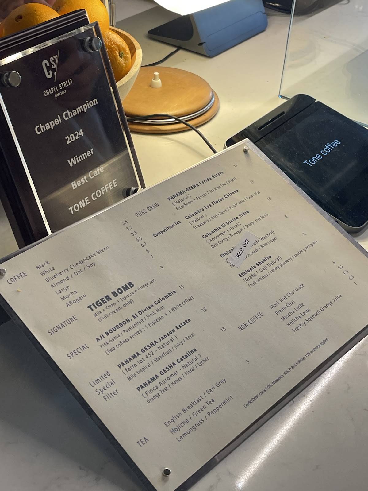 Menu at Tone coffee restaurant, Prahran