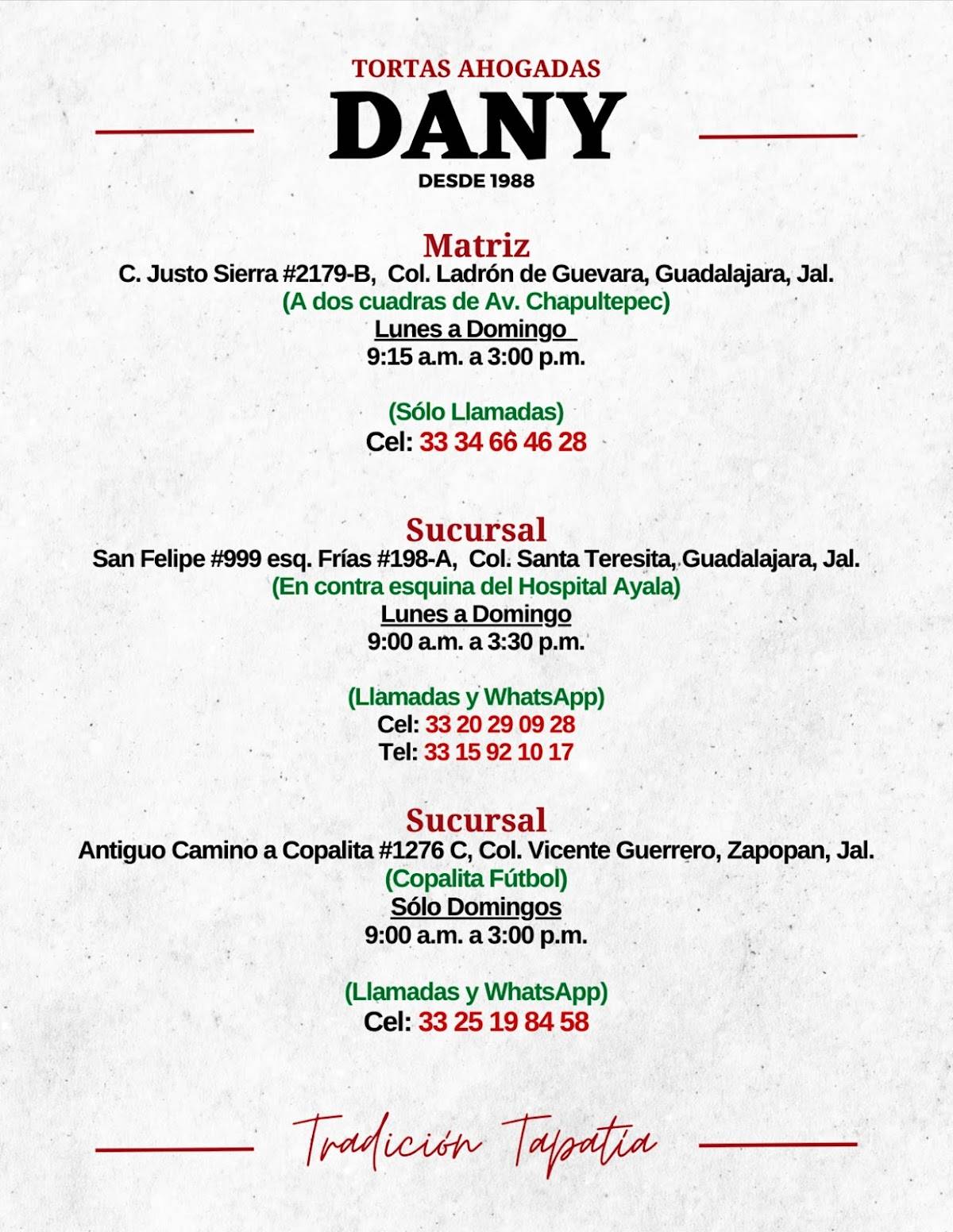 Menu at Tortas Ahogadas DANY sucursal restaurant, Guadalajara