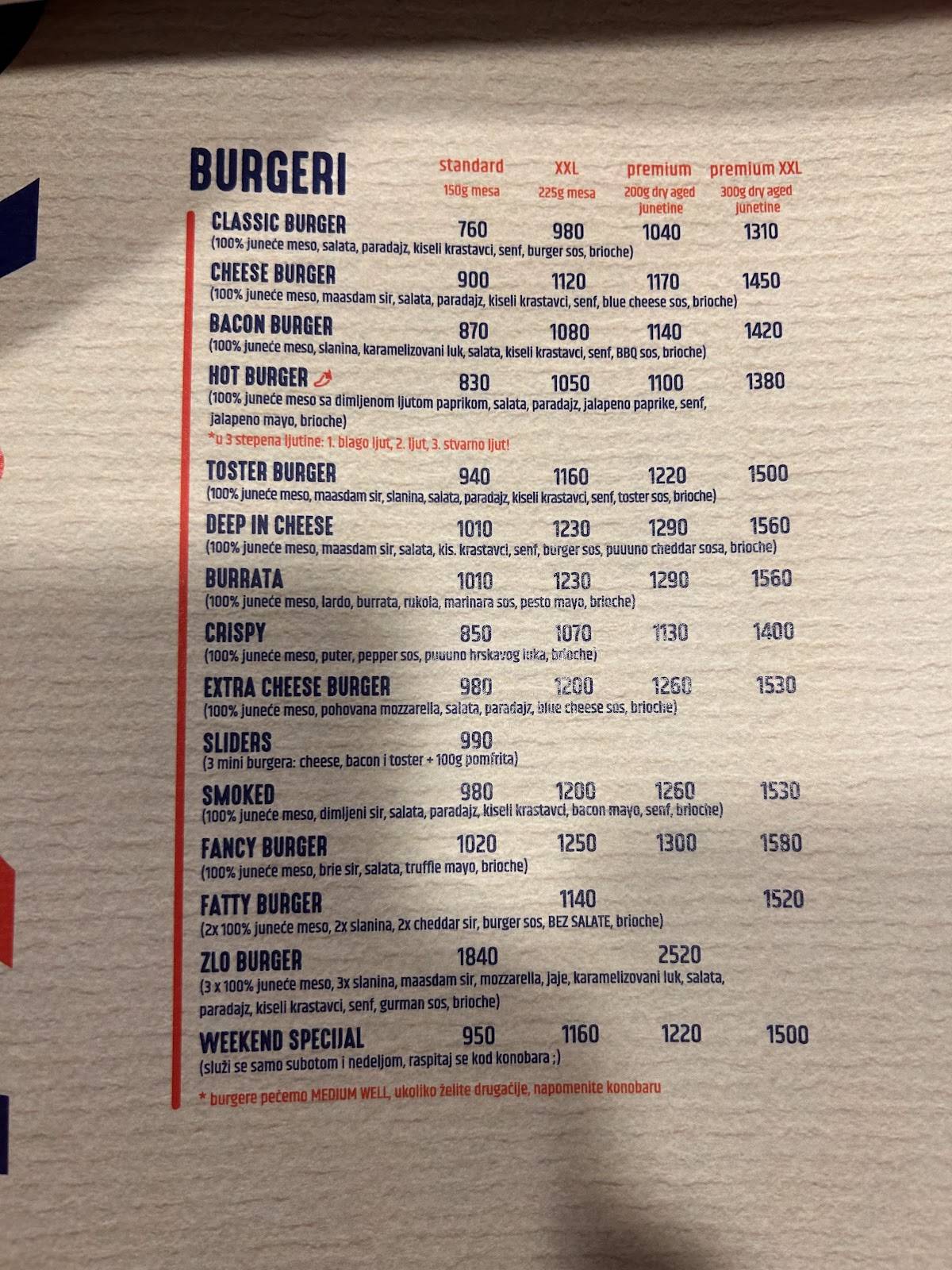 Menu at Toster Bar, Novi Sad, Njegoševa 10