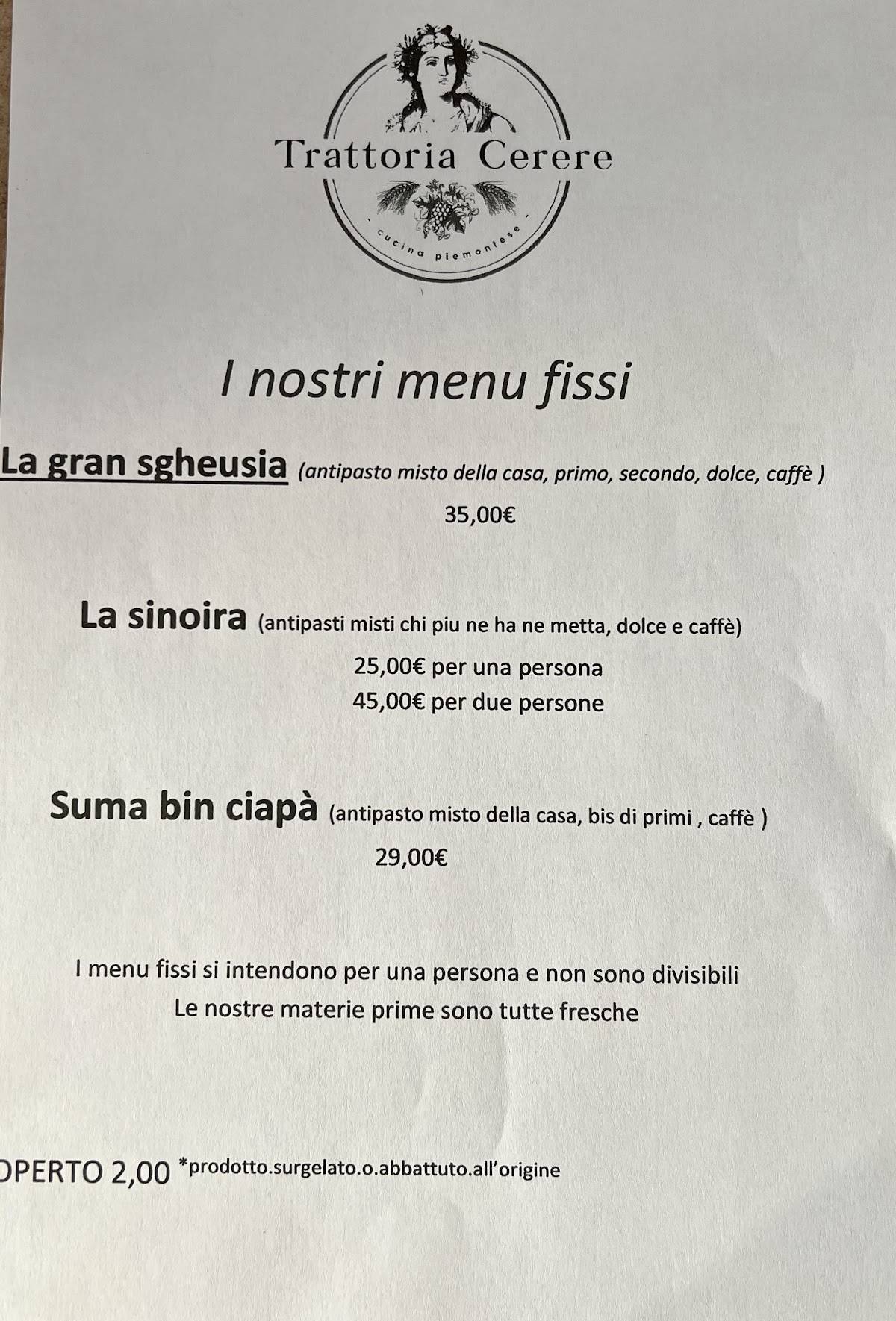 Menu at Trattoria Cerere restaurant, Turin