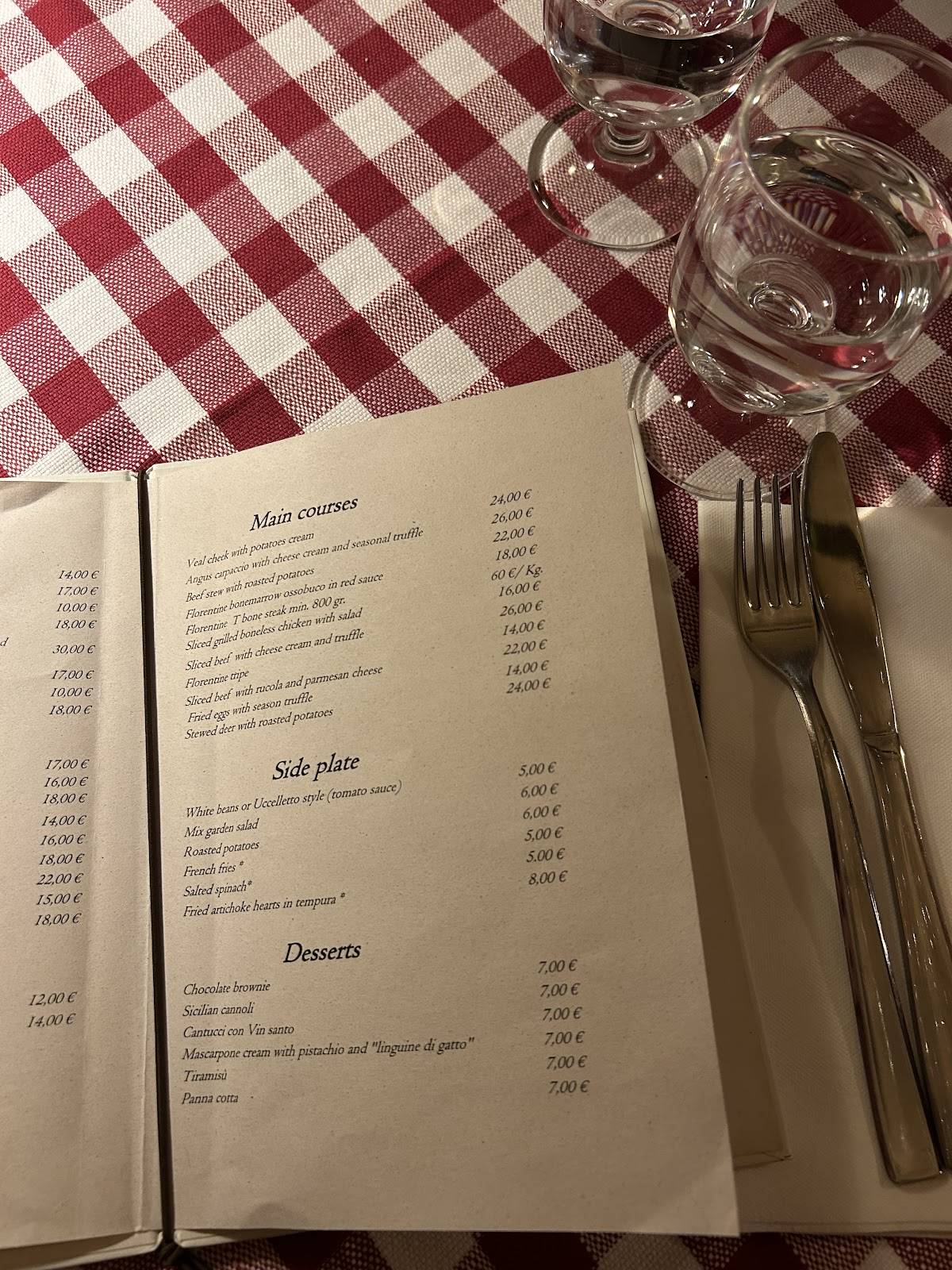 Menu at Trattoria Il Bargello, Florence, Borgo dei Greci