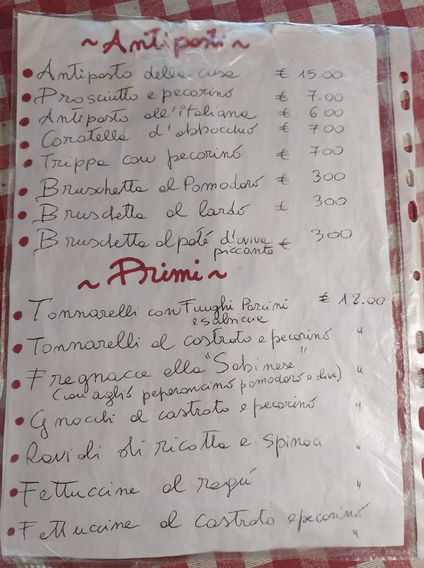 Carta del restaurante Trattoria Il Vigneto, Colle di Tora, Via Turanense