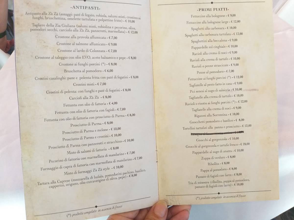Menu da Trattoria Zà Zà ristorante, Firenze, Piazza del Mercato Centrale
