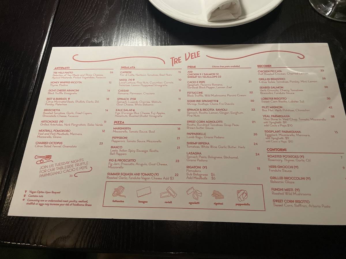 Menu at Tre Vele restaurant, Sandy Springs
