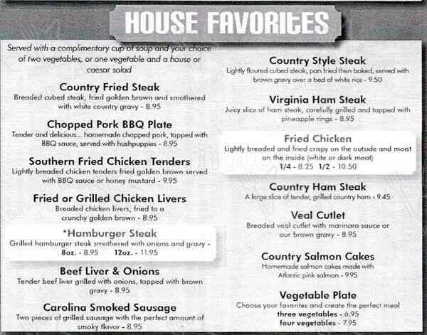 Menu at Tryon House Restaurant, Charlotte, 215 E Exmore St