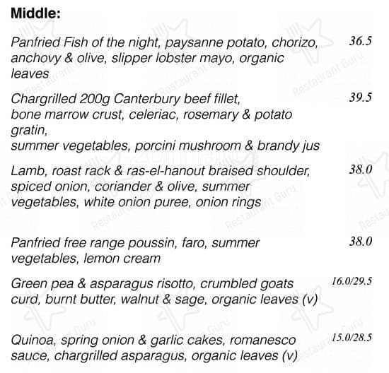 Menu at Twenty Seven Steps restaurant, Christchurch