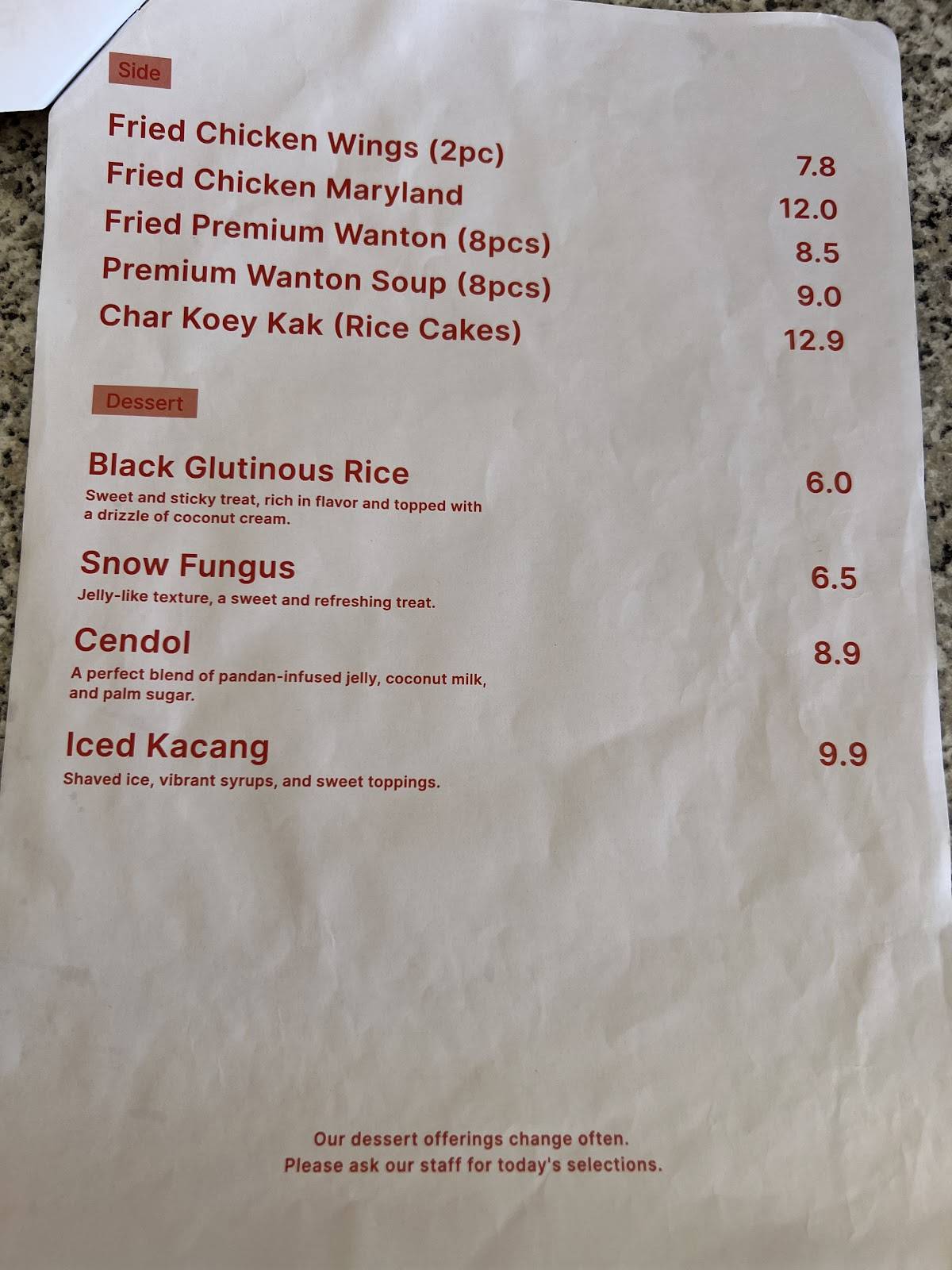 Menu at Uncle Eddie restaurant, Canning Vale