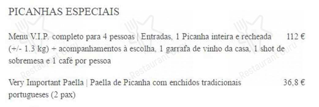 Menu at Very Important Picanha restaurant, Lisbon