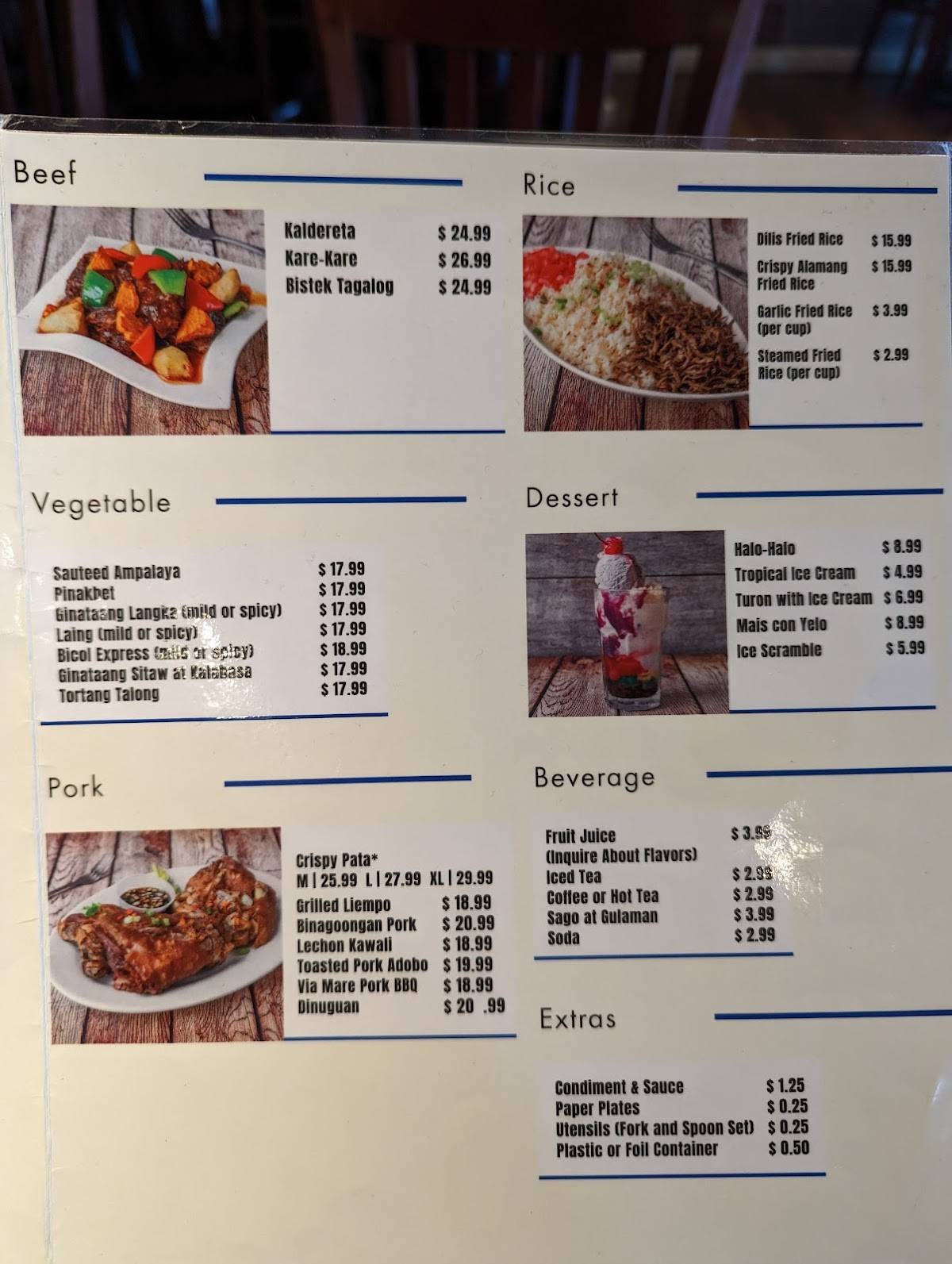 Menu at Via Mare of America restaurant, Daly City