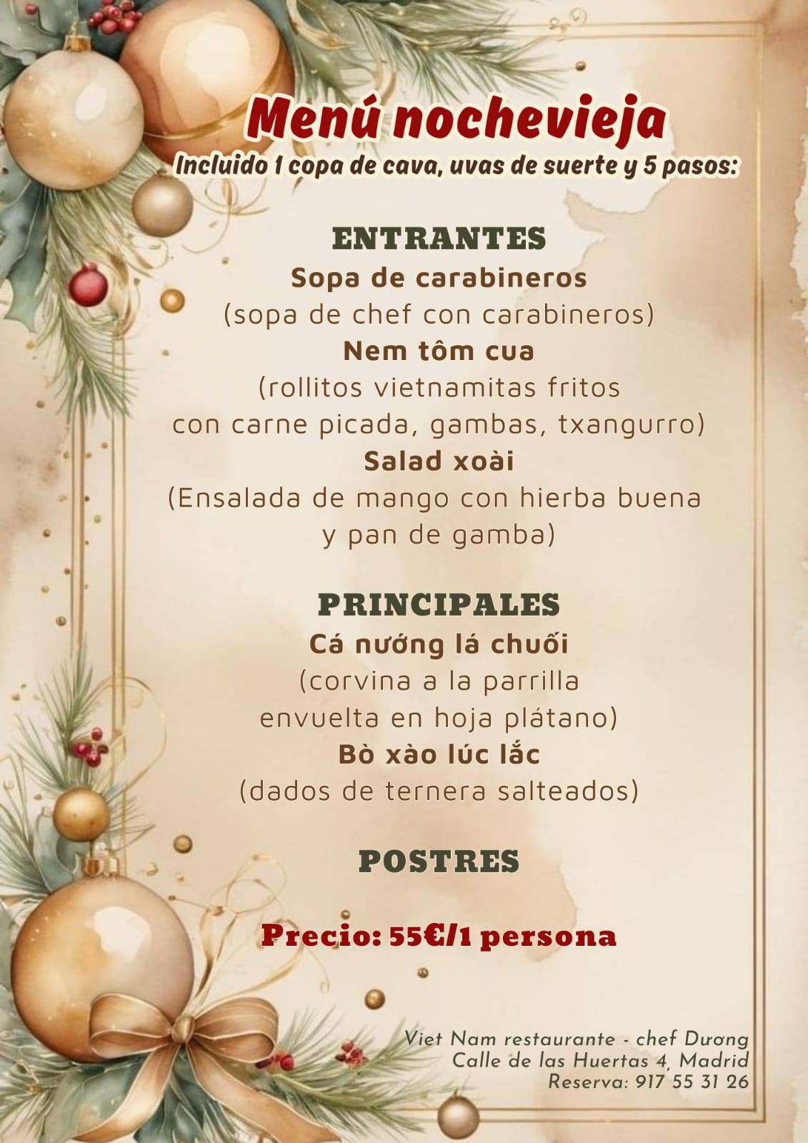 Carta de Vietnam Restaurante 2013 de Letras, Madrid