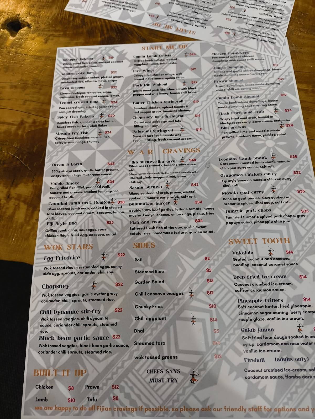 Menu at WAR pacific island fusion( wild and raw) restaurant, Auckland