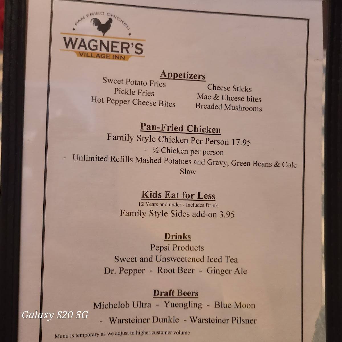Menu at Wagner's Village Inn restaurant, Oldenburg