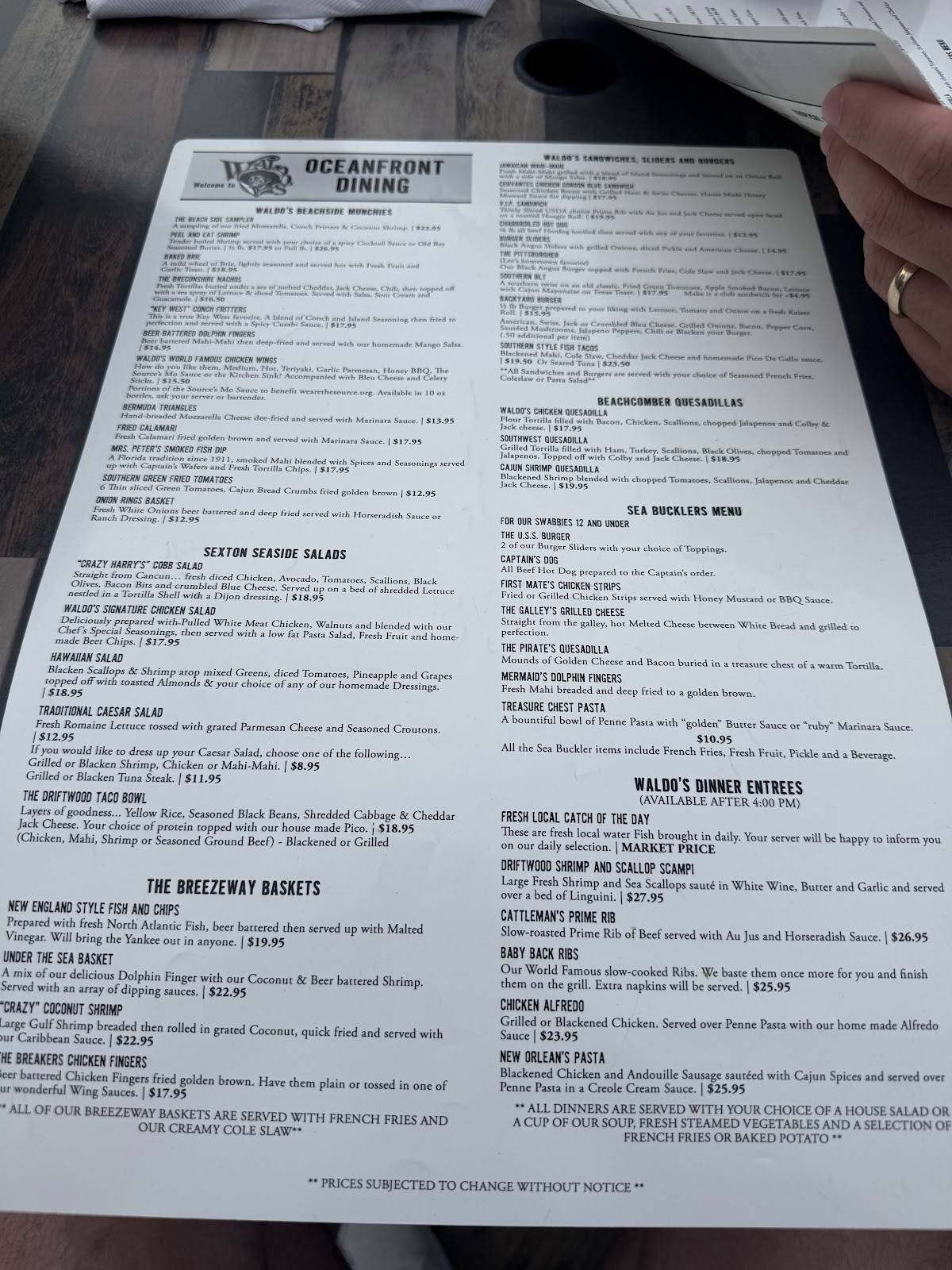 Menu at Waldo's Restaurant, Vero Beach