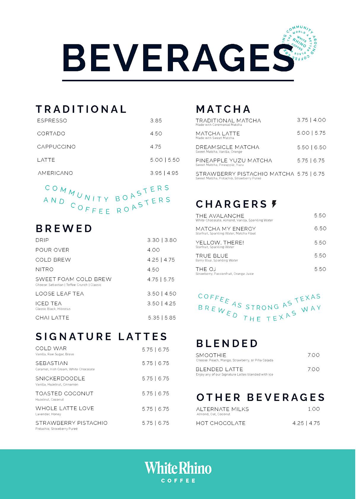 Menu at White Rhino Coffee restaurant, Fort Worth