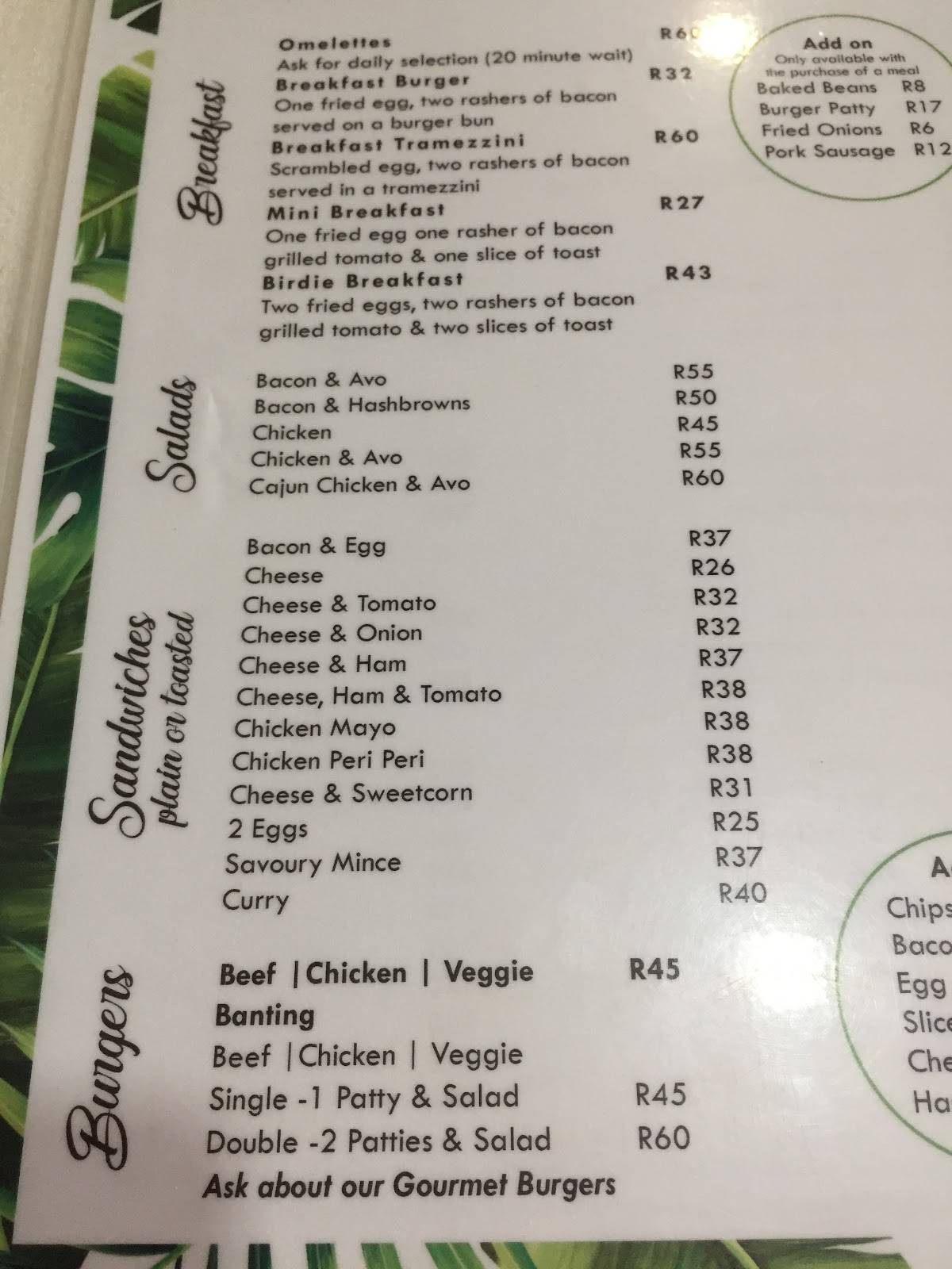 Menu at Whole In One restaurant, Bluff