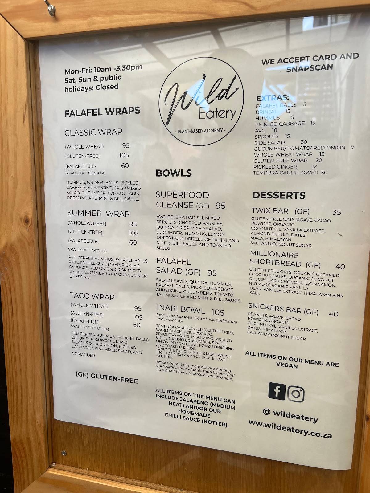 Menu au Wild Eatery restaurant, Le Cap, 59 Harrington St
