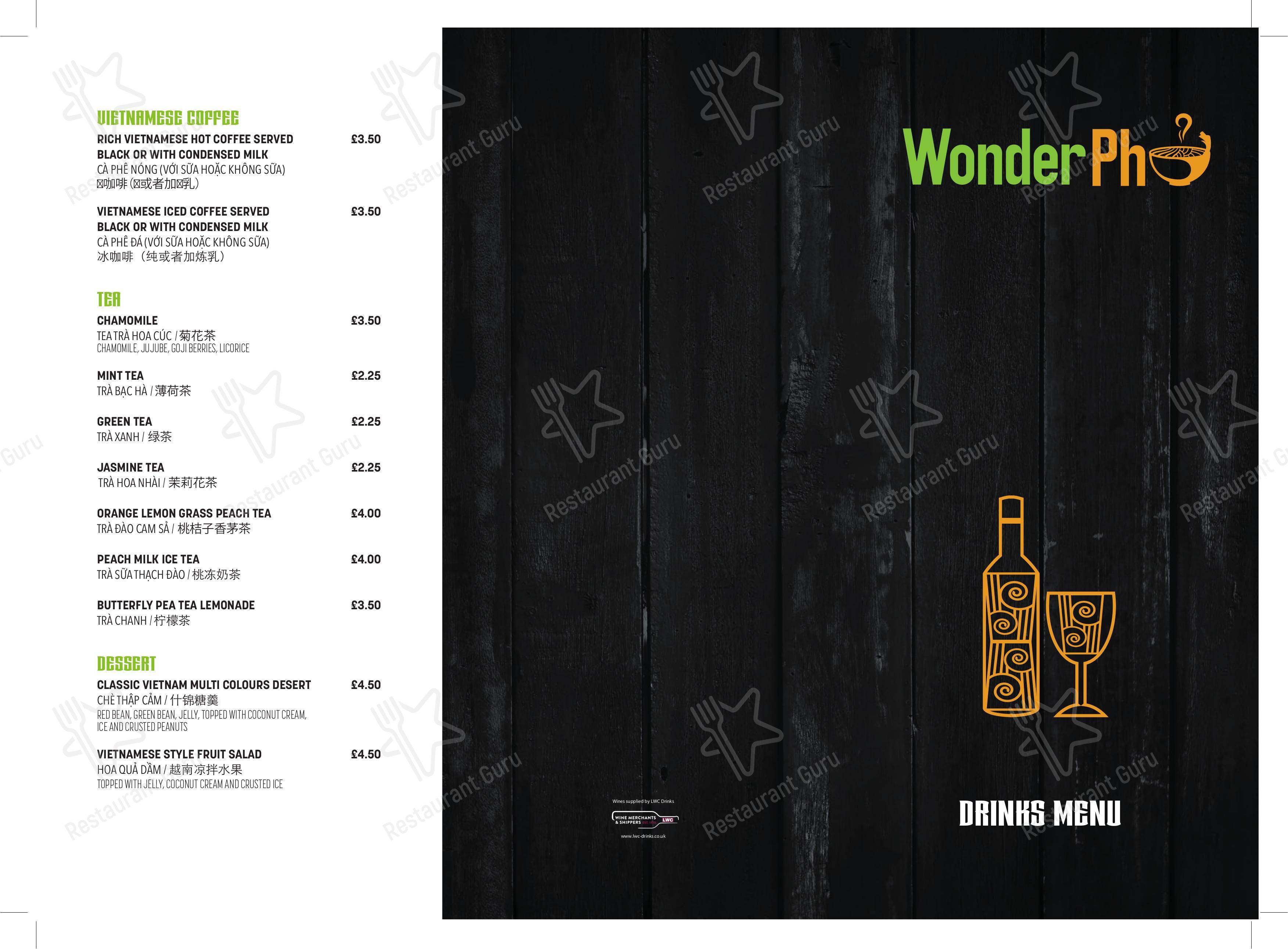 Menu at Wonder Pho restaurant, Nottingham