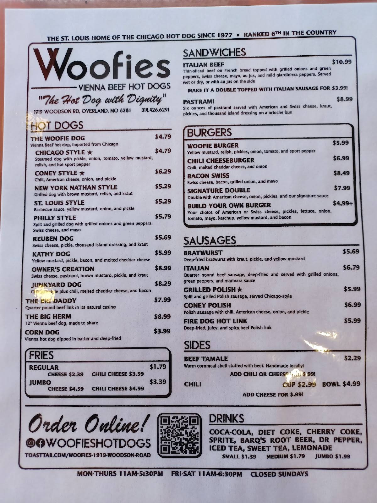 Menu at Woofies Hot Dogs restaurant, Overland