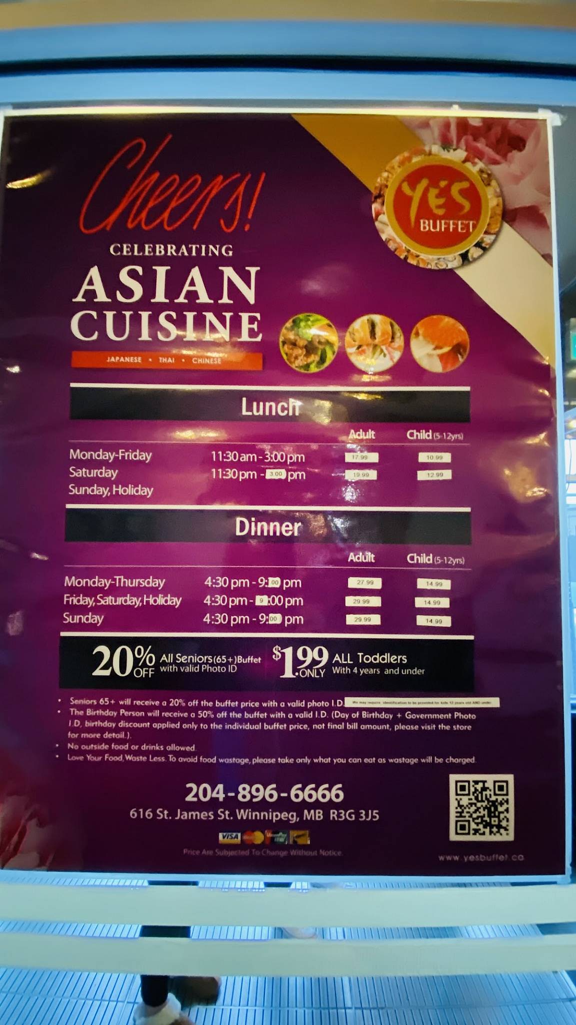 Menu at Ye's Buffet restaurant, Winnipeg