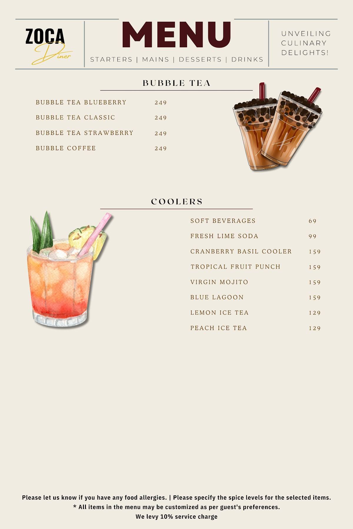 Menu at ZOCA Diner, Mukerian