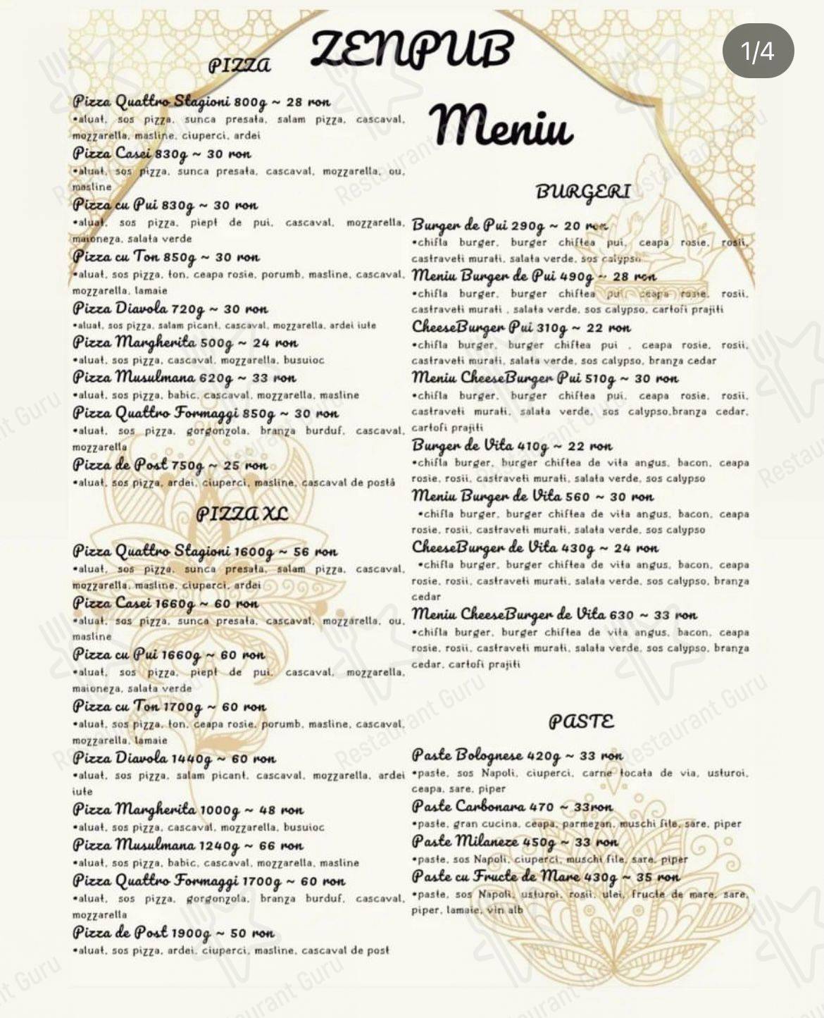 Menu at Zen Pub, Poarta Albă