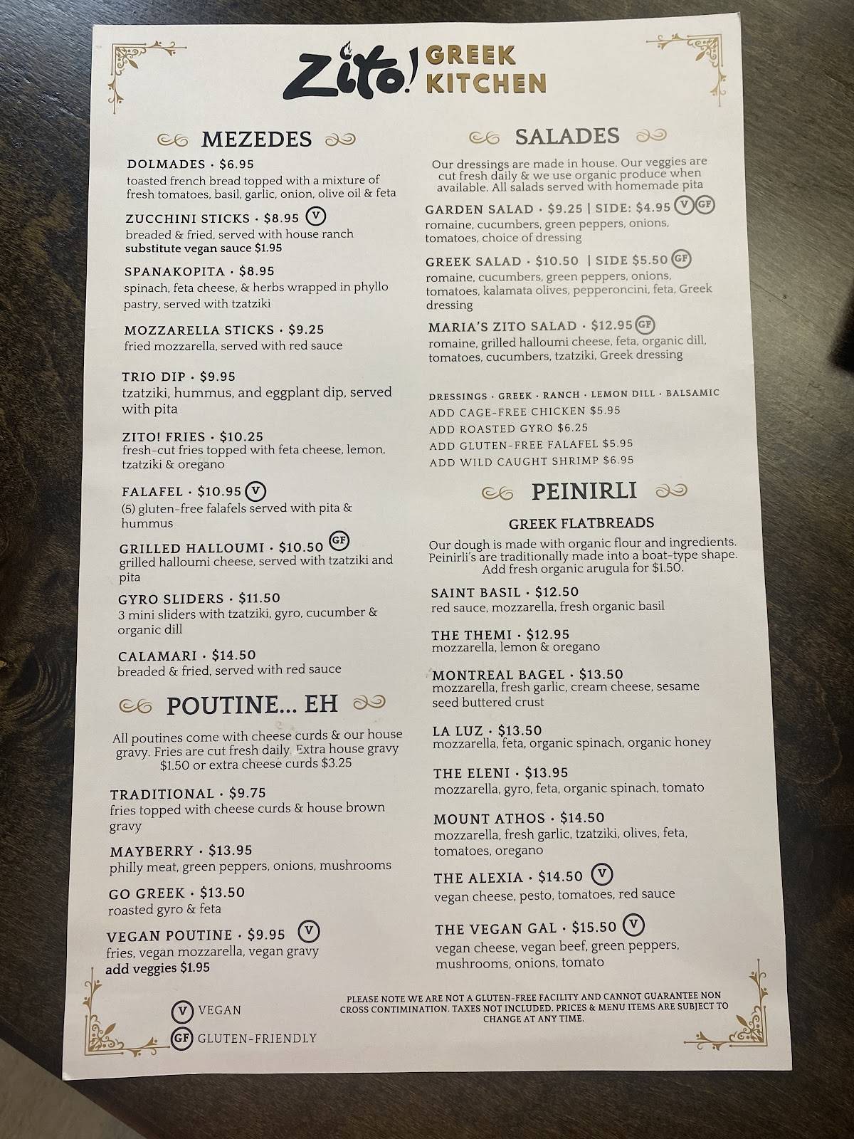 Menu at Zito Greek Kitchen restaurant, Mount Airy