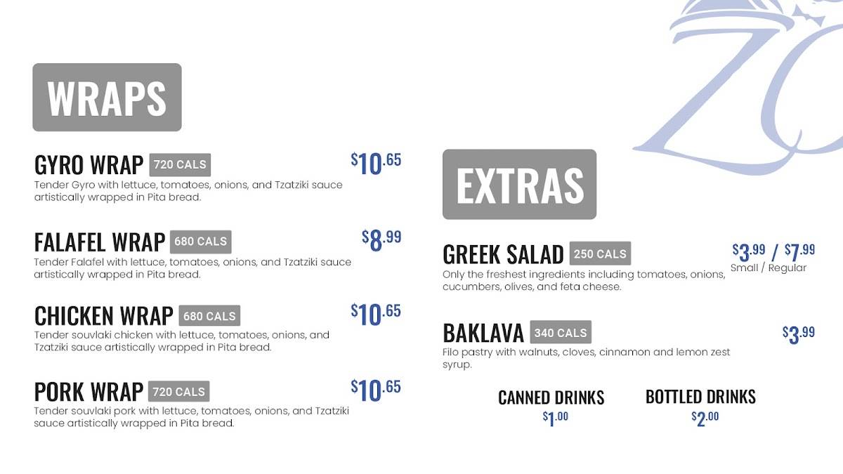 Carta del restaurante Zo Greek, Georgina