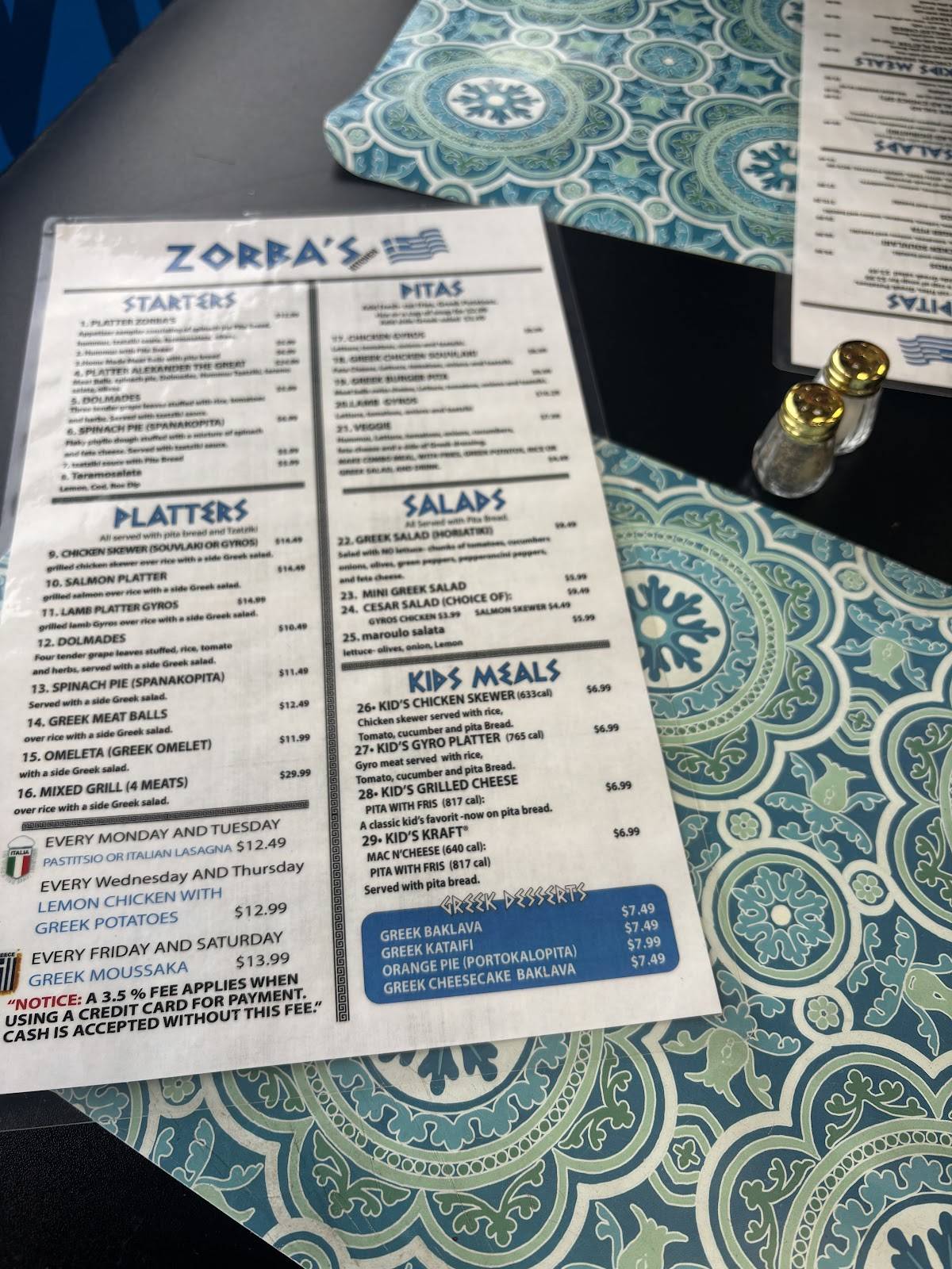 Menu at Zorba's Greek Kitchen restaurant, Orlando