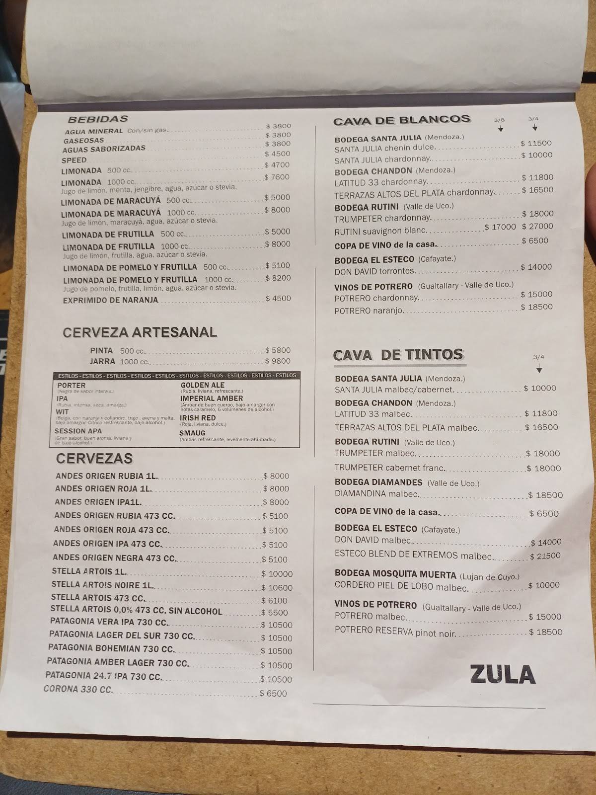 Carta del restaurante Zula Bistró, Villa General Belgrano