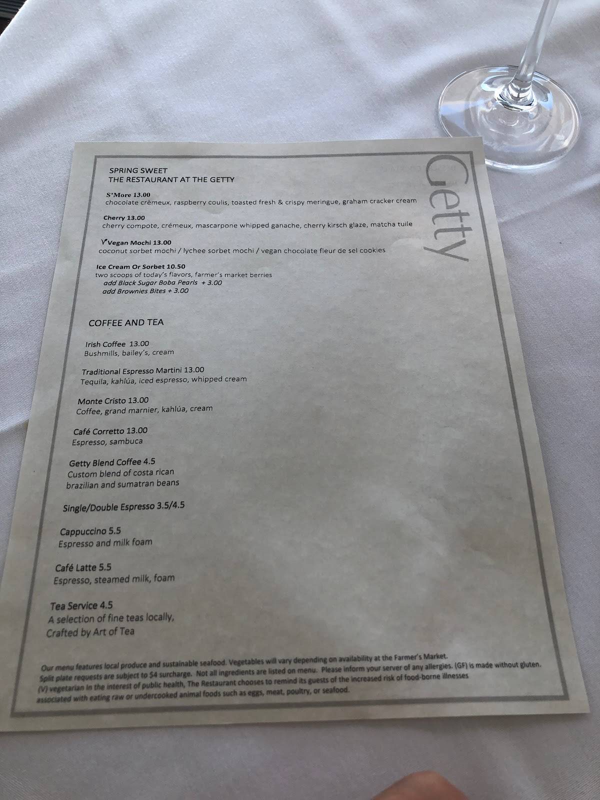 Menu at Restaurant at The Getty Center, Los Angeles