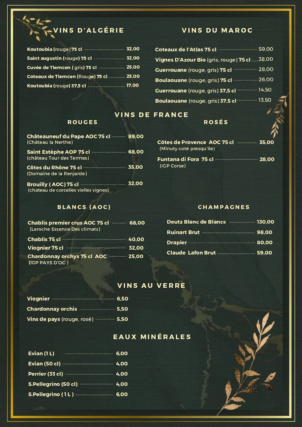 Menu au la Tajine d'Or restaurant, Saint-Maur-des-Fossés