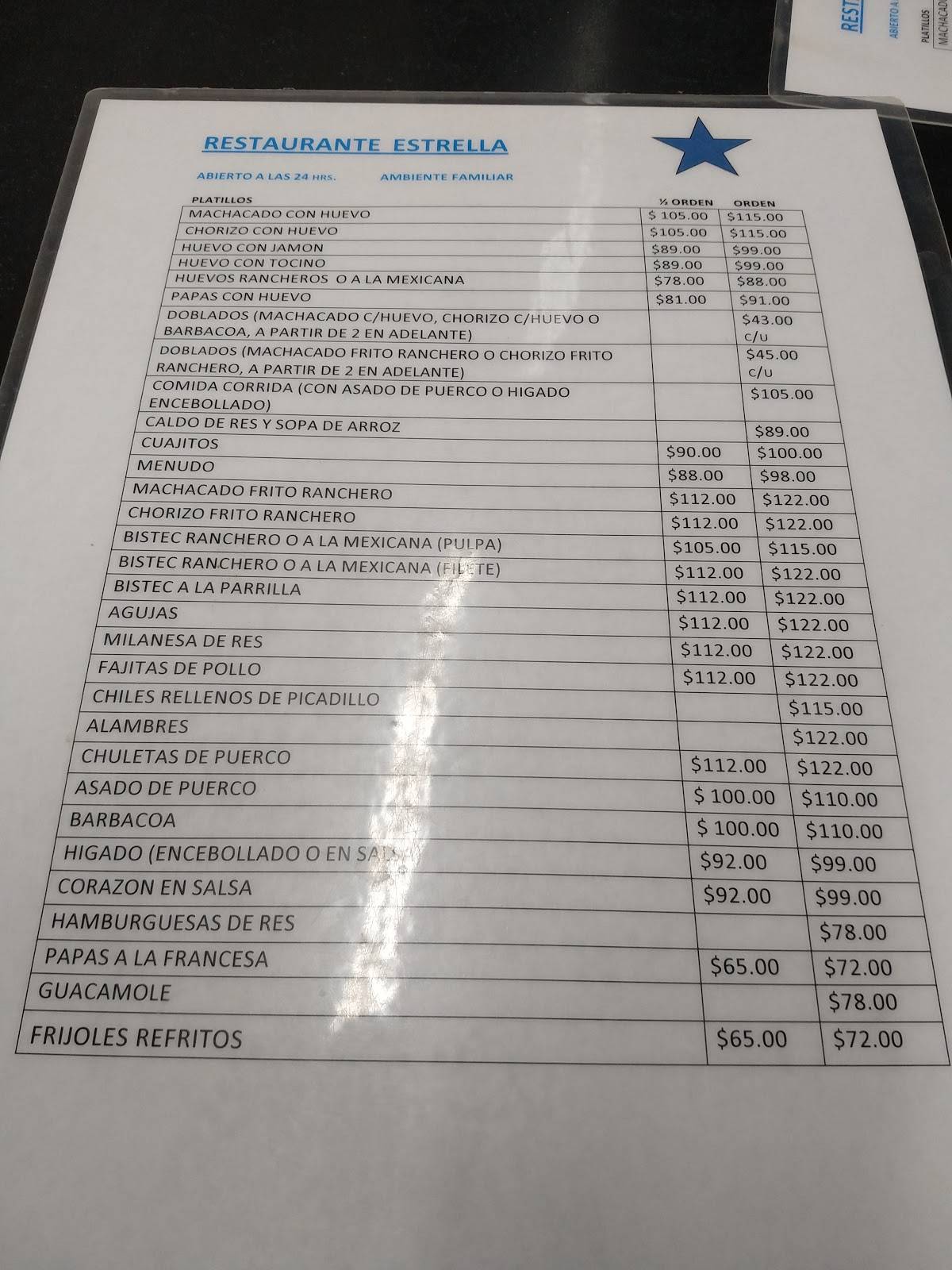 Carta de Restaurant la estrella, Cadereyta Jiménez