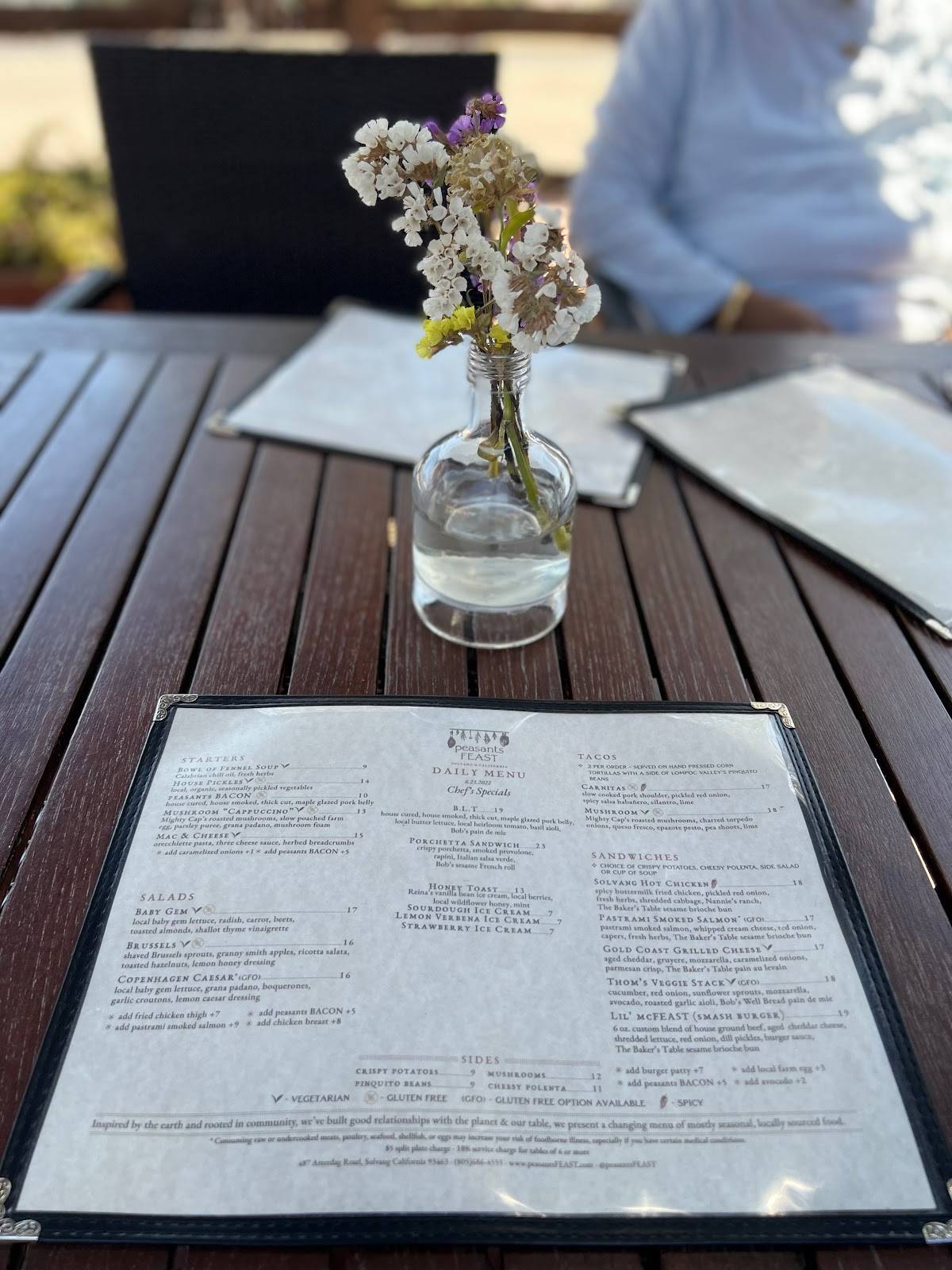 Menu at peasants FEAST restaurant, Solvang