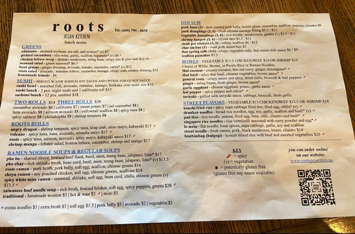 Menu at roots restaurant, Princeton
