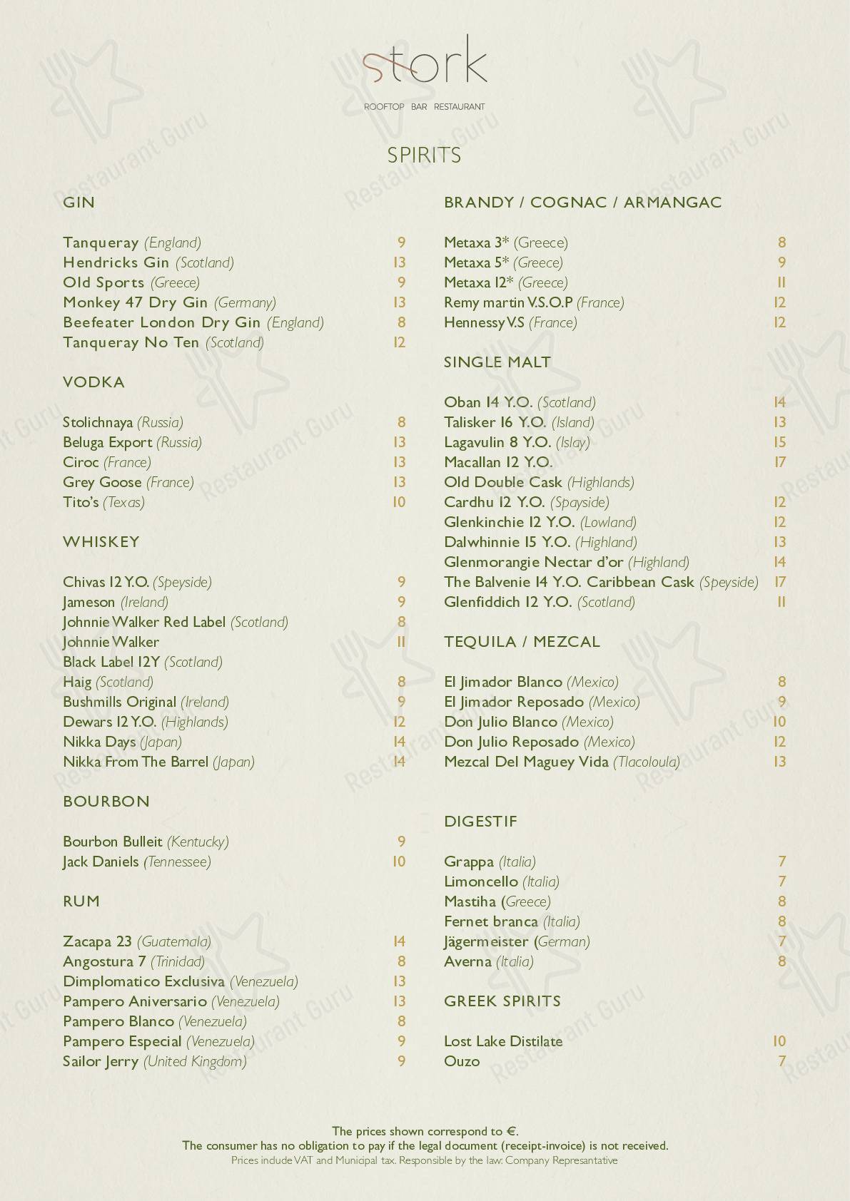 Menu at stork rooftop bar restaurant, Athens