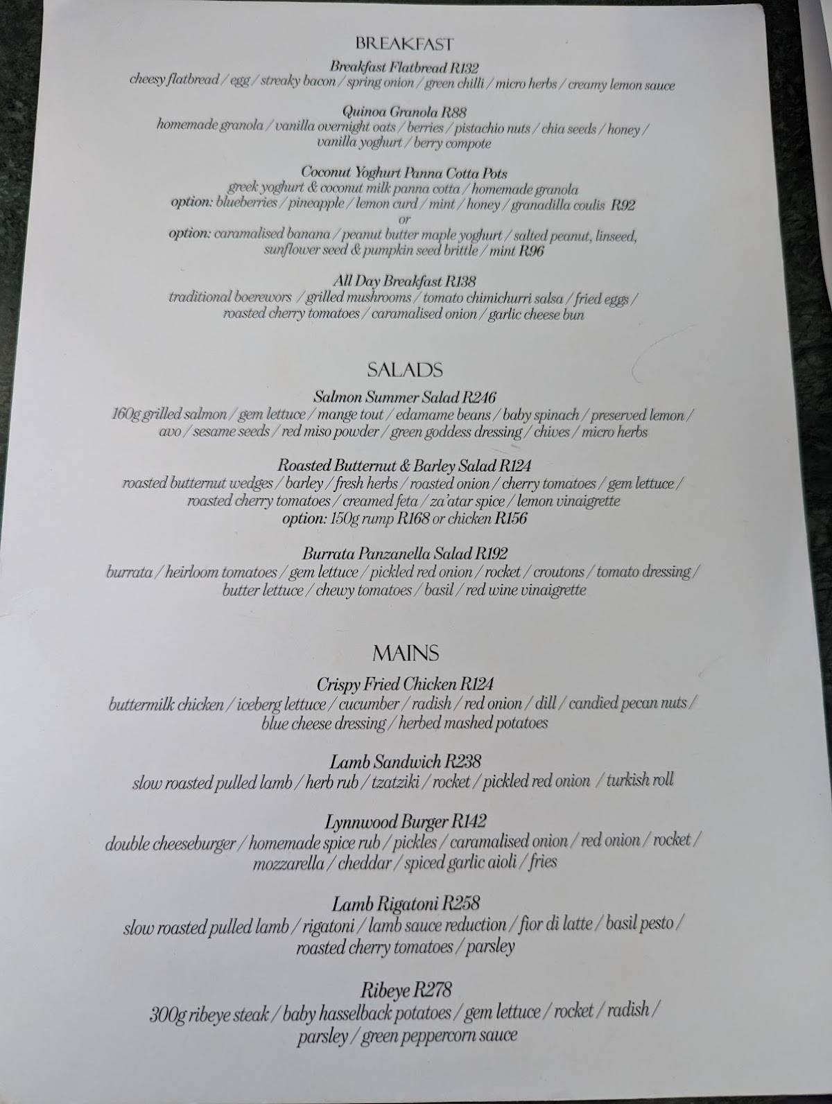 Menu at tashas Lynnwood Bridge restaurant, Pretoria