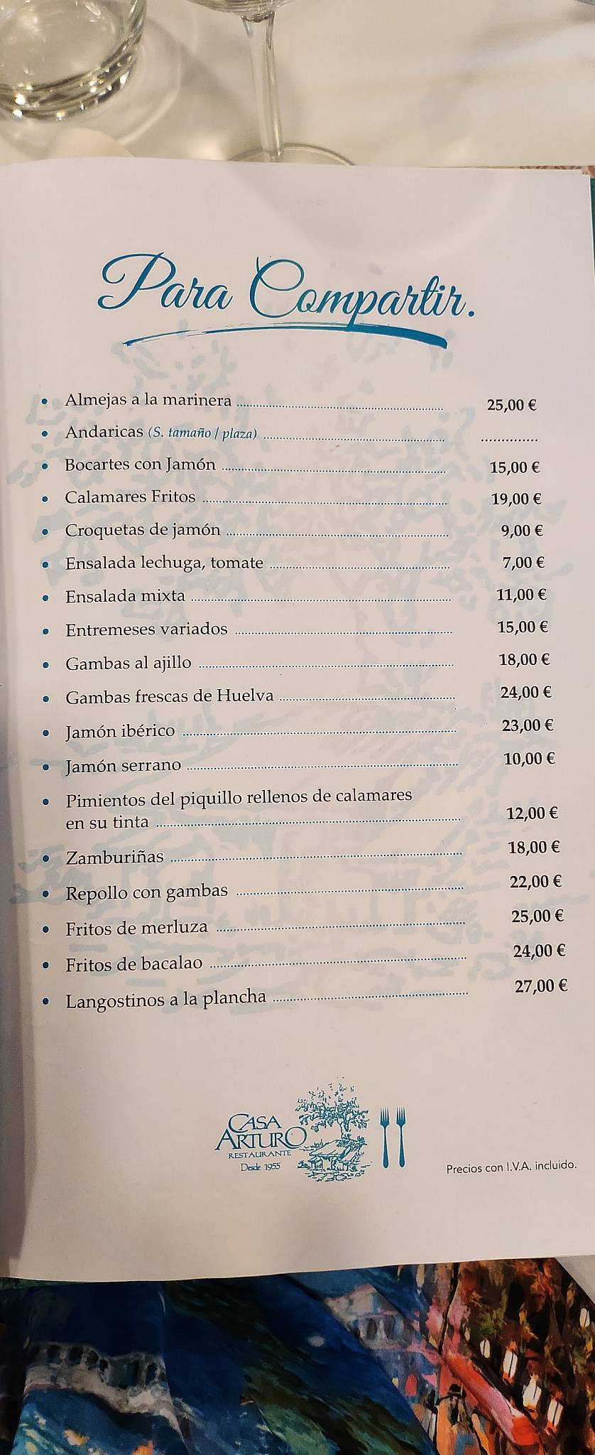 Carta de Restaurante Casa Arturo, Gijón, Calle del Prof. Pérez Pimentel