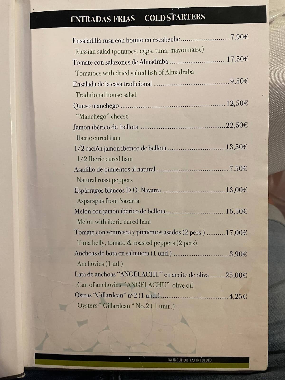 Menu at Casa Toni restaurant, Benidorm