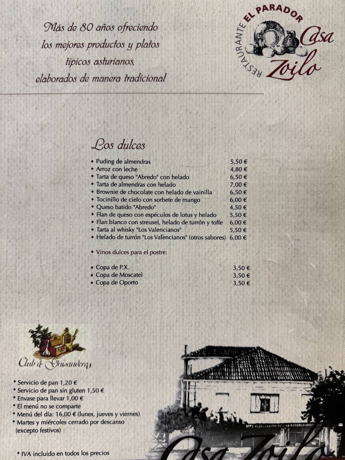 Carta de Restaurante Casa Zoilo, Muros de Nalón