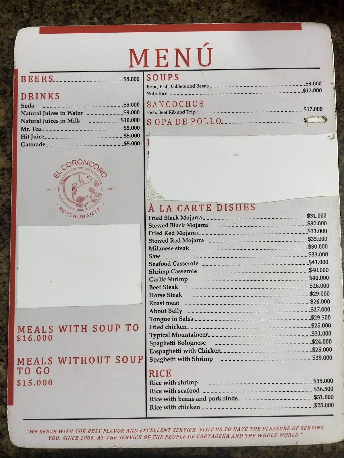 Carta de Restaurante El Coroncoro, Cartagena