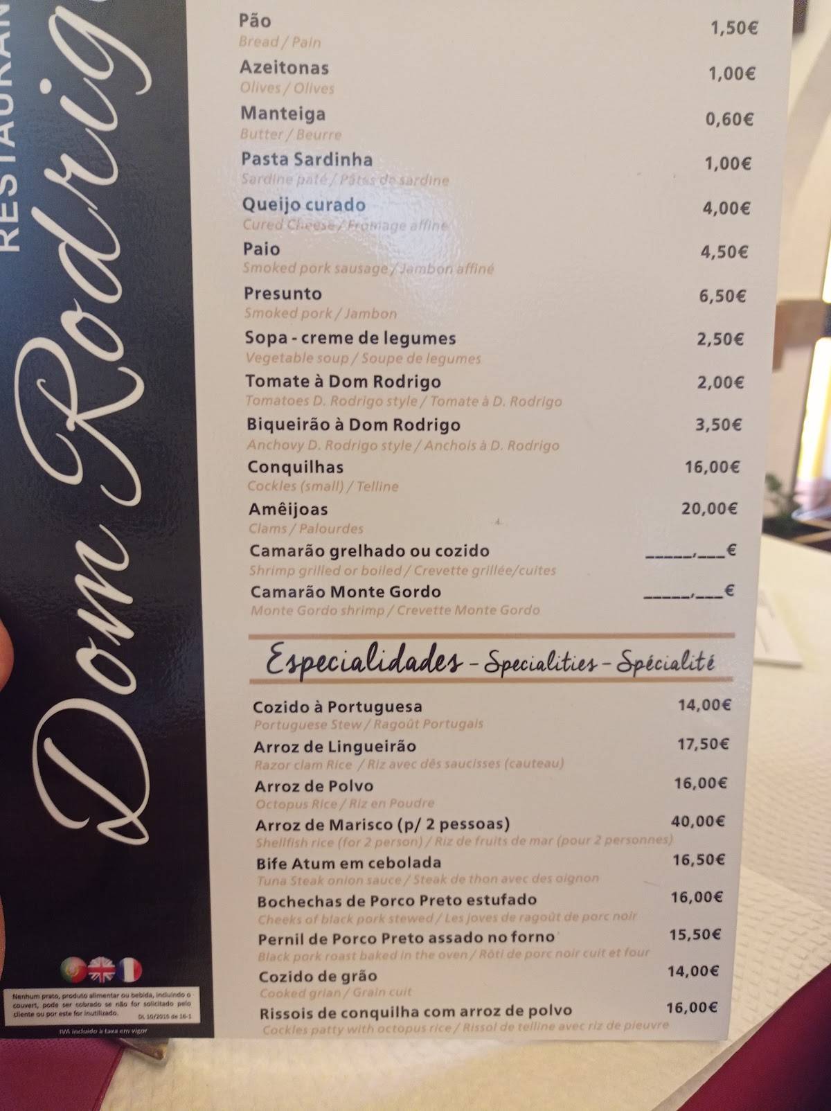 Menu at Restaurante Dom Rodrigo, Altura, Aroeira - Altura