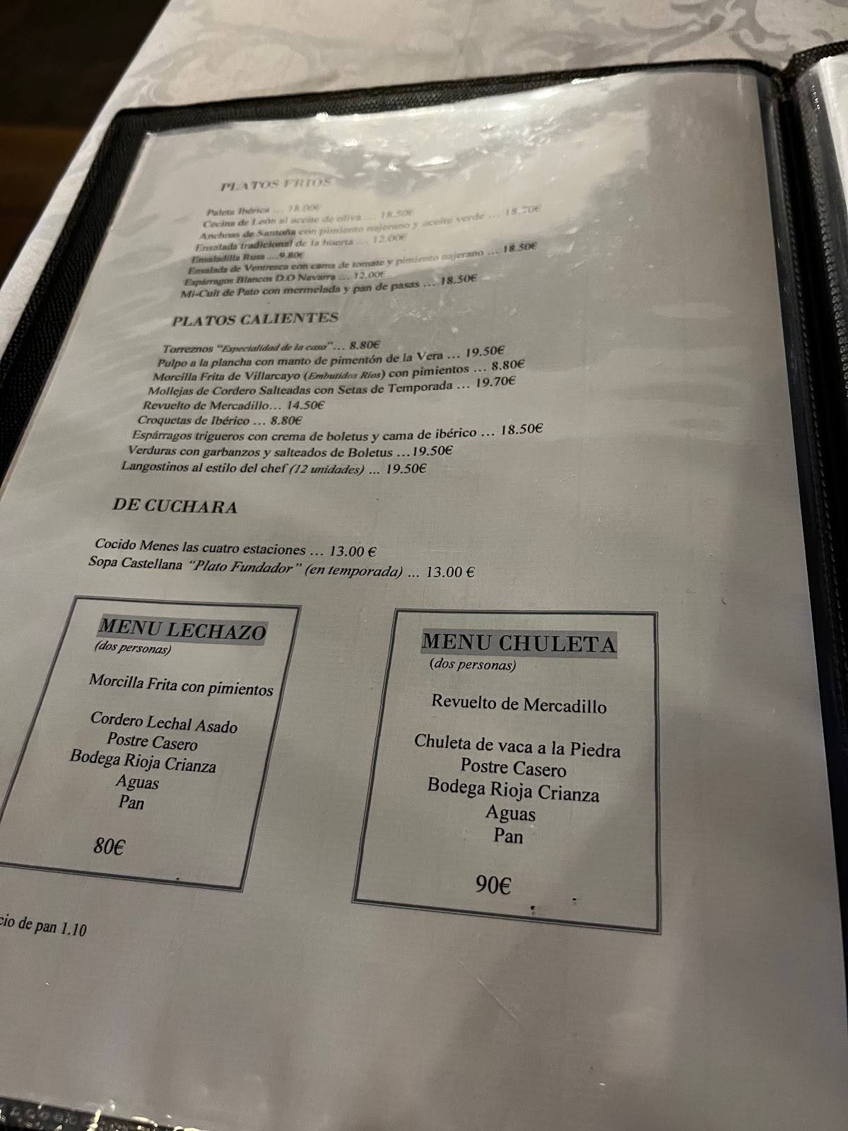 Carta del restaurante Don Pablo, Villasana del Mena, Barrio del mercadillo