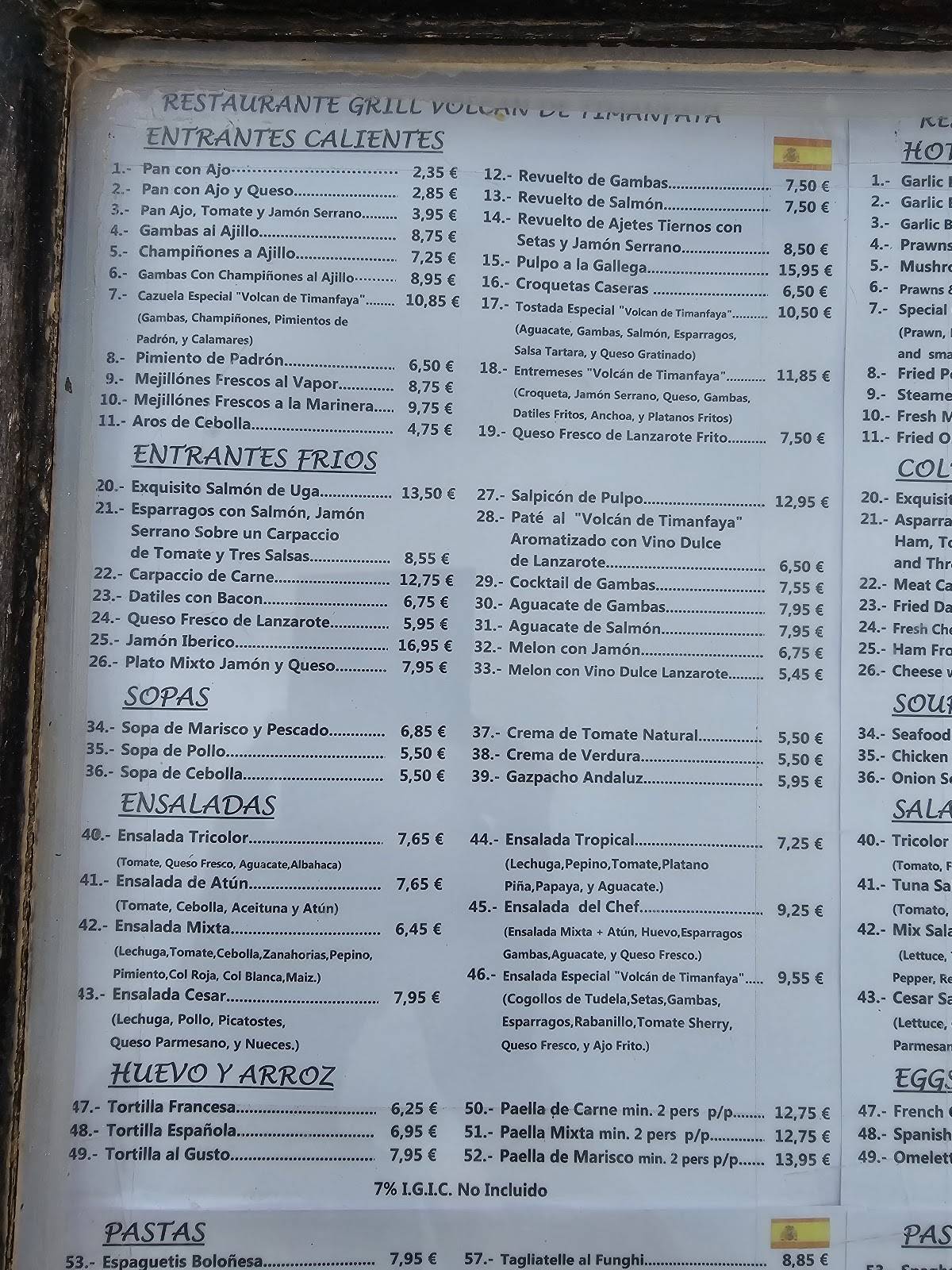 Menu at Restaurante Grill Volcan De Timanfaya, Playa Blanca