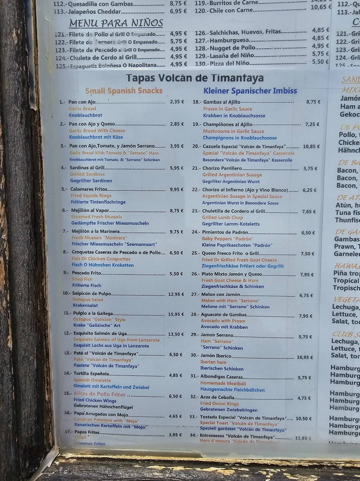 Menu at Restaurante Grill Volcan De Timanfaya, Playa Blanca