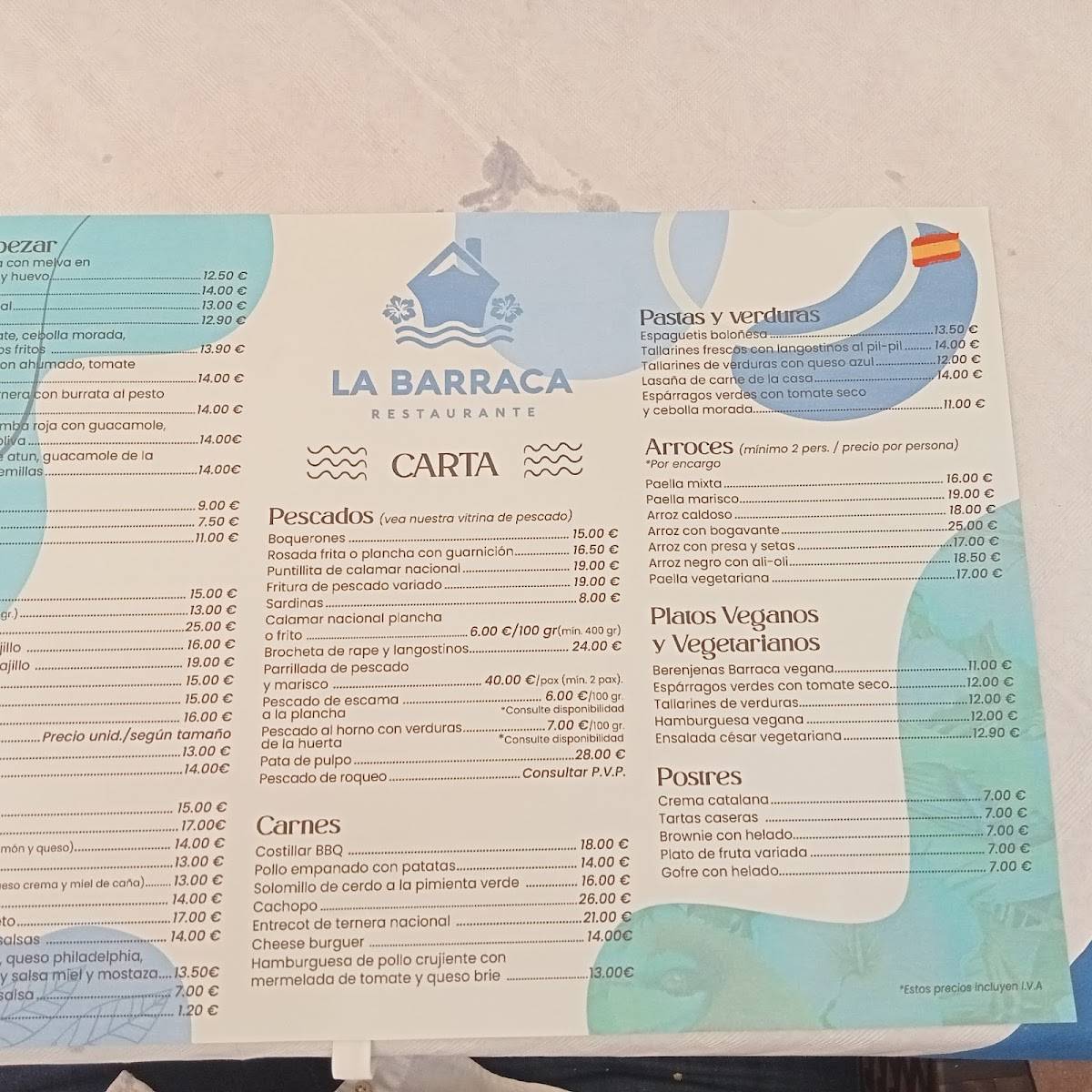 Carta de Restaurante La Barraca - Cantarriján, España, Playa de Cantarriján