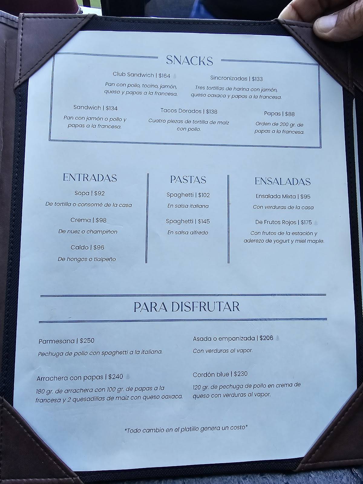 Carta de Restaurante La Montaña, Mineral del Chico