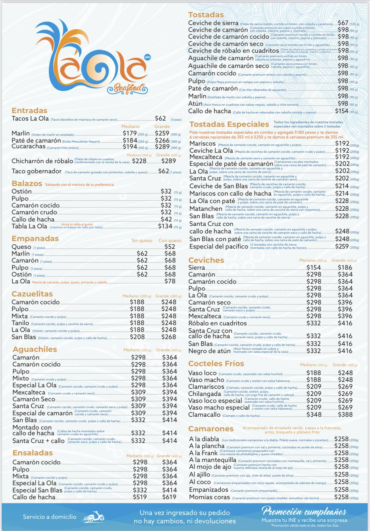 Carta de Restaurante La Ola, Tepic, Av del Valle 161